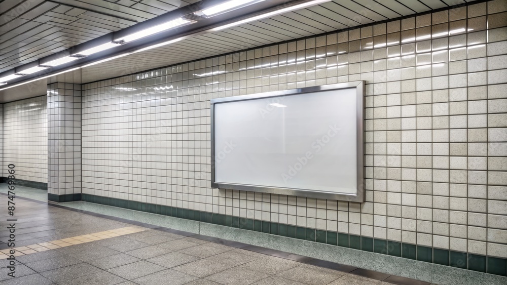 Empty white rectangular advertisement board mounted on a clean tiled ...