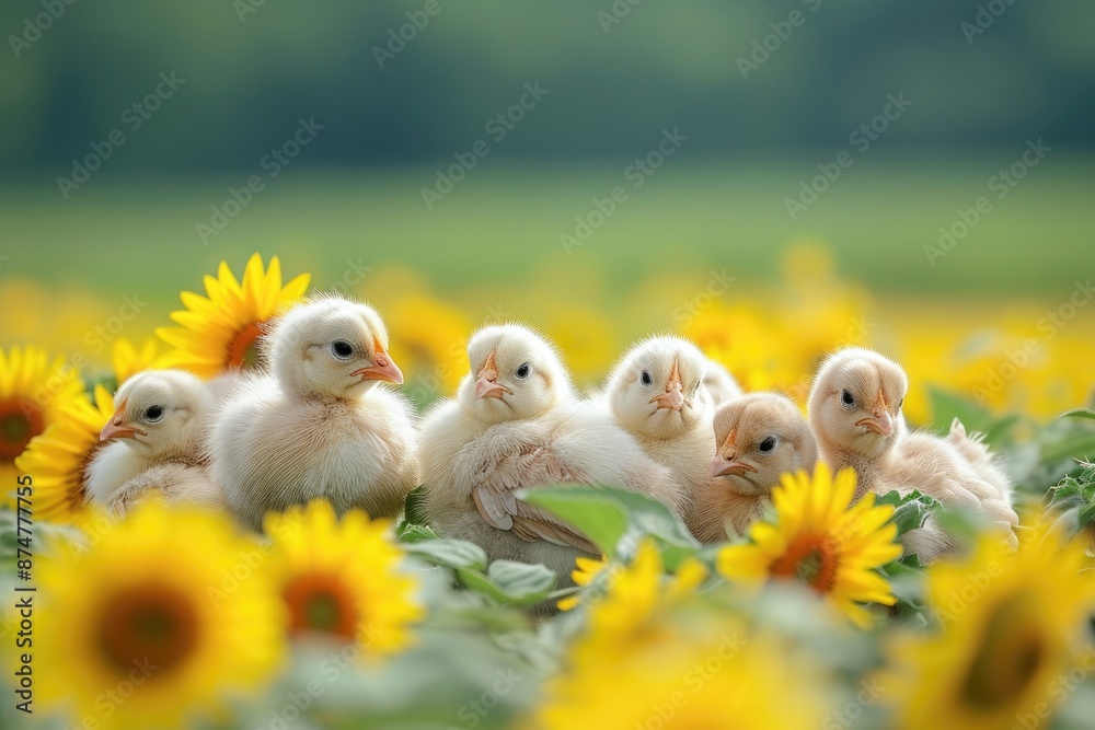 a group of baby chickens sitting on top of a field of sunflowers, group ...