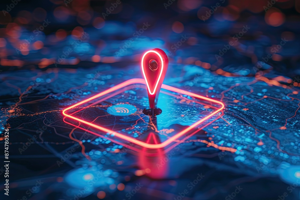 a red pin on a circuit board with a blue background, neon pin dropped ...