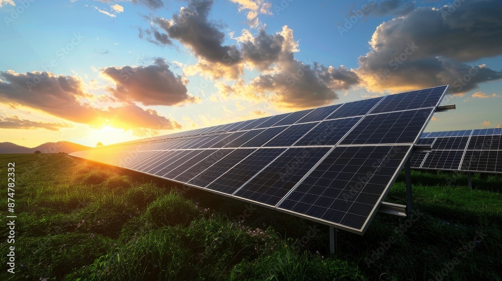 A solar tracker system in a large solar farm, with panels tilting to ...