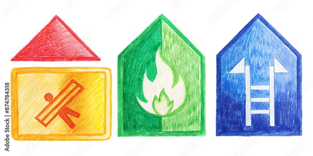 Vibrant colored icons of exit signs, fire escapes, and emergency labels ...