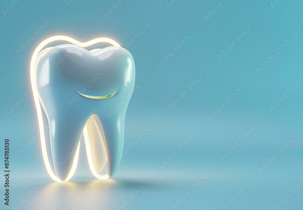 white tooth icon with glowing halo on blue background, concept of ...
