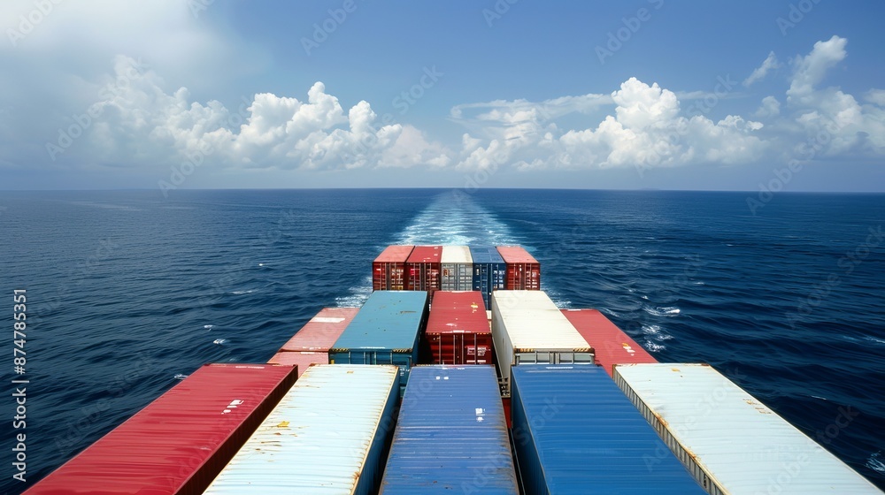 Container ship at sea, filled with various consignment cargo ...