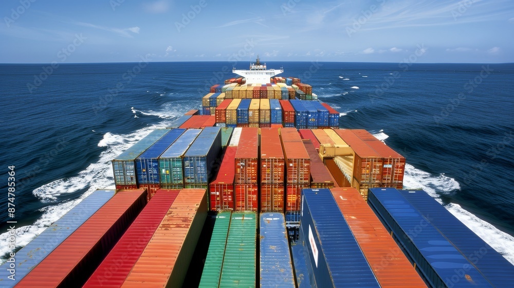 Container ship at sea, filled with various consignment cargo ...