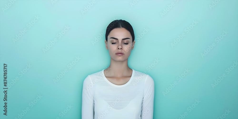 Depressed white woman on cyan background with realistic expression of ...