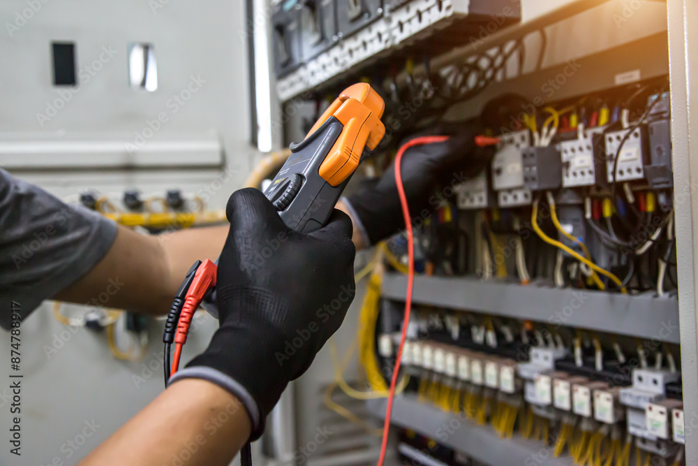 Electrician holding electrical measuring tool meter on panel circuit ...
