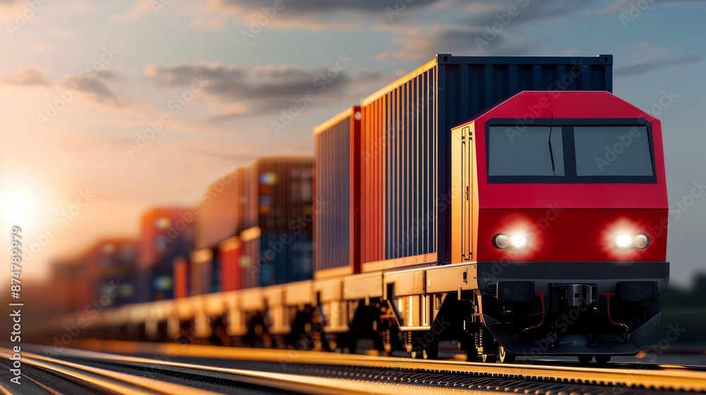 Freight train loaded with diverse goods, moving through industrial ...