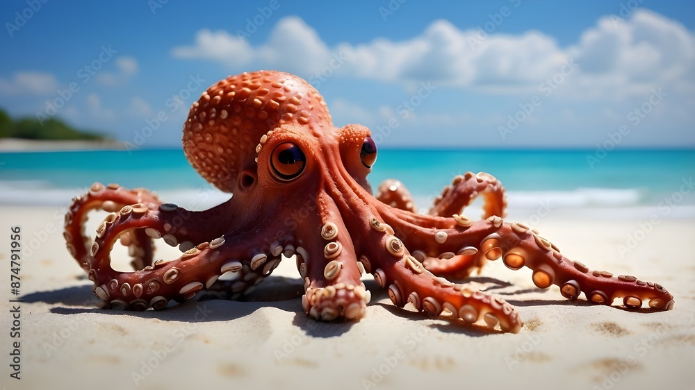 Realistic photograph of a cute and beautiful red octopus sitting on a ...