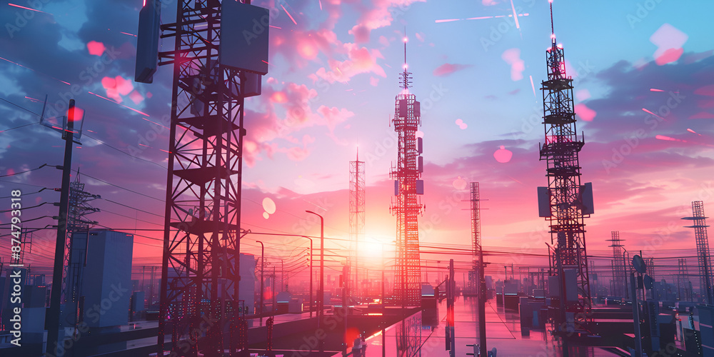 5G Network Infrastructure with Telecommunication Towers at Sunset High ...
