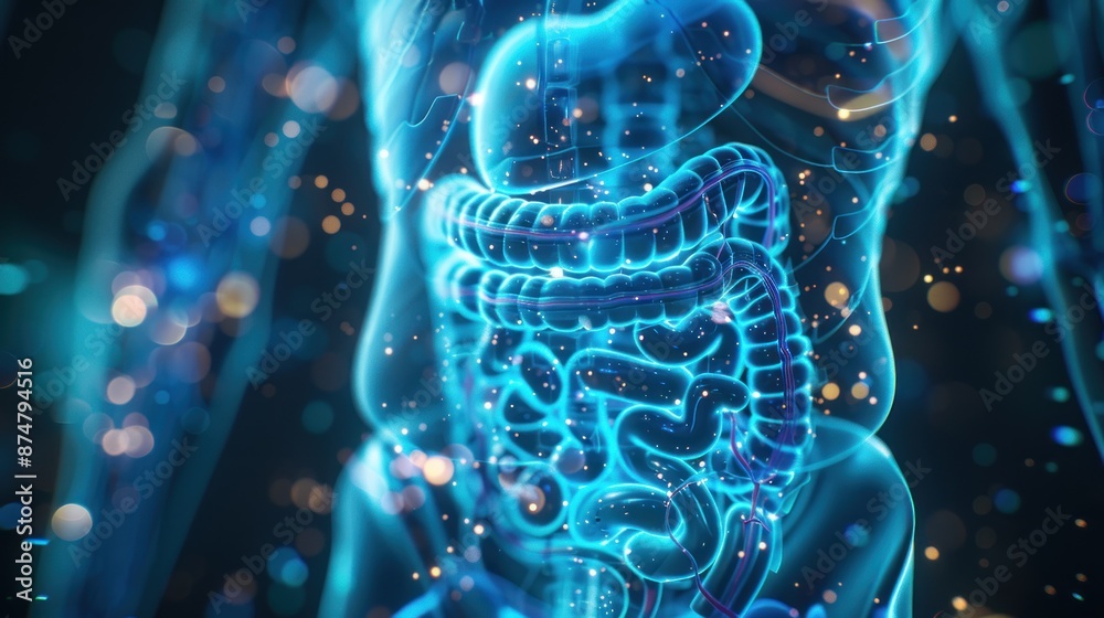 Holographic 3D visualization of human digestive system, translucent ...