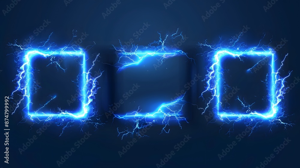 Lightning frames, blue electric borders of rectangular and square ...