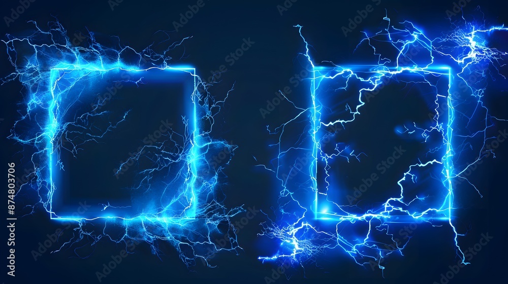Lightning frames, blue electric borders of rectangular and square ...