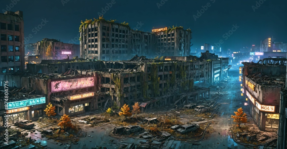 dark dystopian cyberpunk abandoned derelict city buildings parking lot ...
