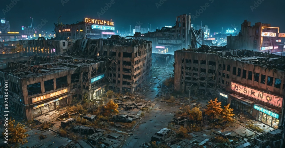 dark dystopian cyberpunk abandoned derelict city buildings parking lot ...