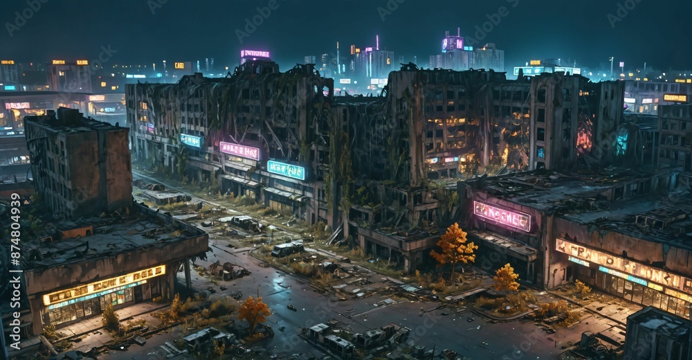 dark dystopian cyberpunk abandoned derelict city buildings parking lot ...