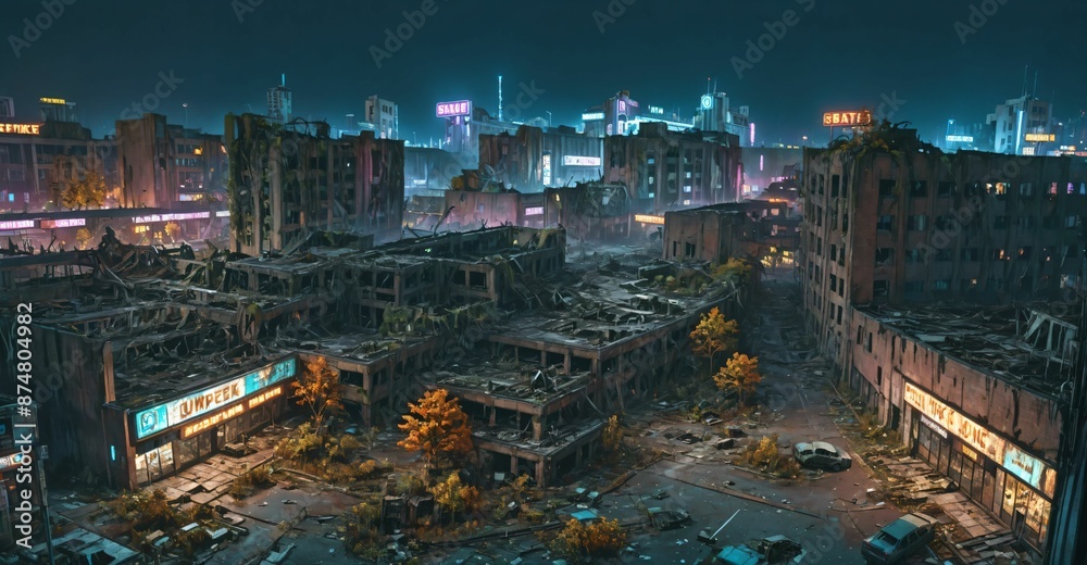 dark dystopian cyberpunk abandoned derelict city buildings parking lot ...