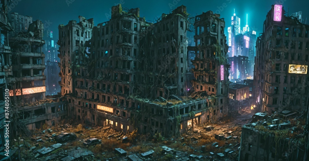 dark dystopian cyberpunk abandoned derelict city buildings parking lot ...