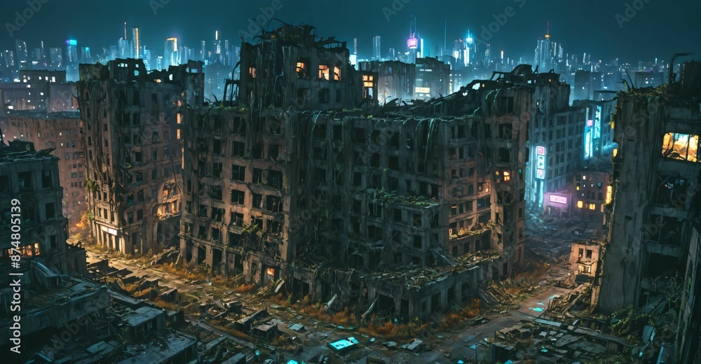 dark dystopian cyberpunk abandoned derelict city buildings parking lot ...