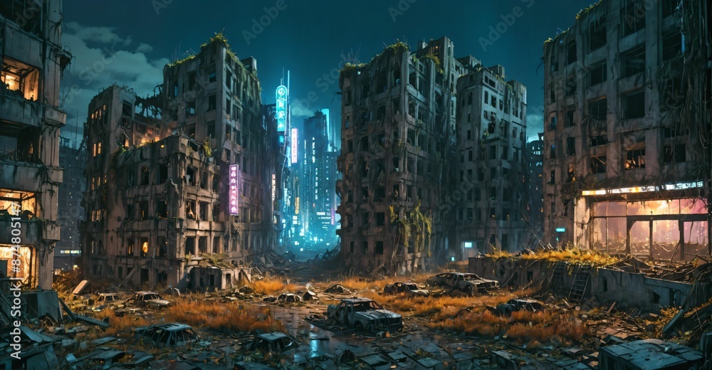 dark dystopian cyberpunk abandoned derelict city buildings parking lot ...