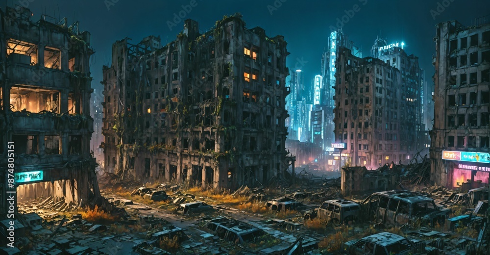 dark dystopian cyberpunk abandoned derelict city buildings parking lot ...