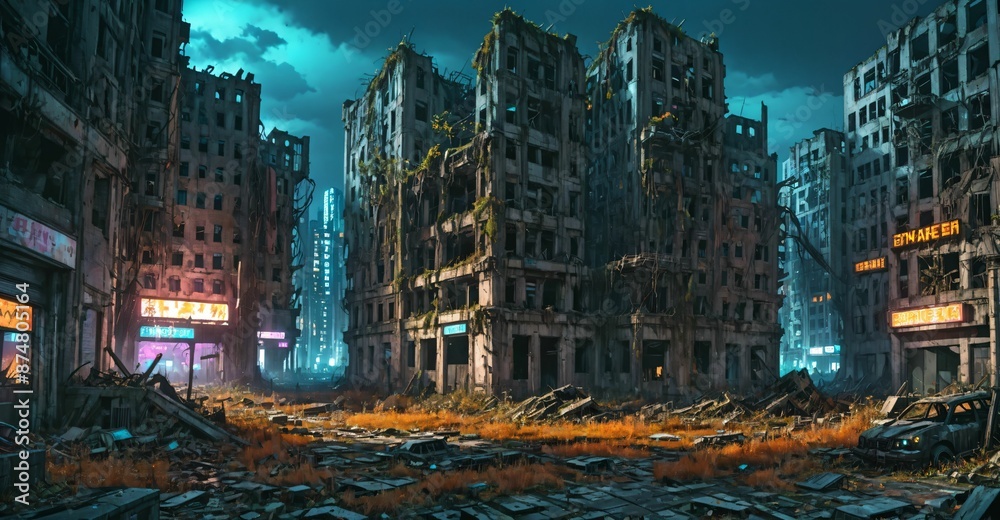 dark dystopian cyberpunk abandoned derelict city buildings parking lot ...