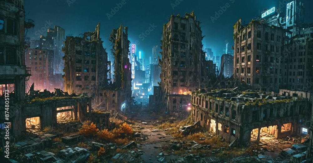 dark dystopian cyberpunk abandoned derelict city buildings parking lot ...