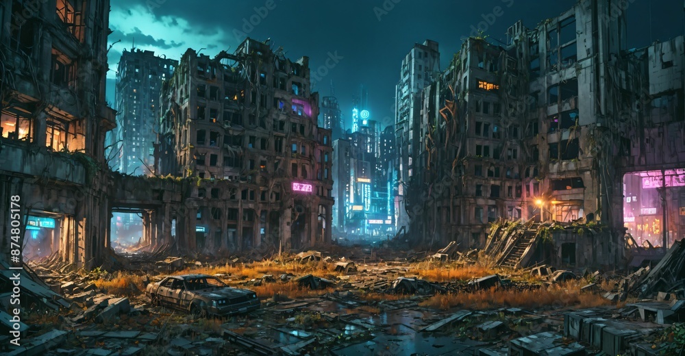 dark dystopian cyberpunk abandoned derelict city buildings parking lot ...