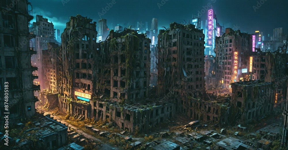 dark dystopian cyberpunk abandoned derelict city buildings parking lot ...