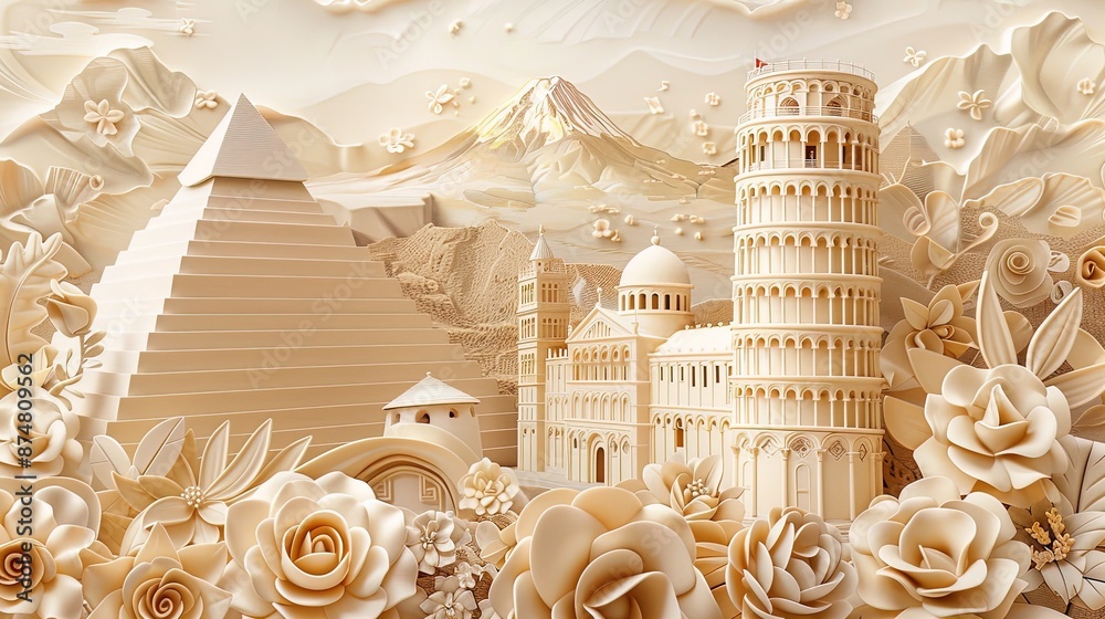 Pyramid and Leaning Tower of Pisa surrounded by detailed beige floral ...