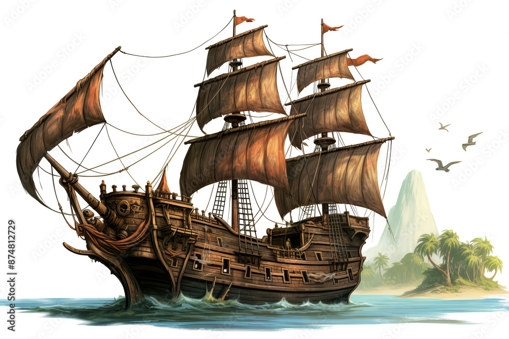 Realistic ancient pirate ship illustration in PNG format with ...