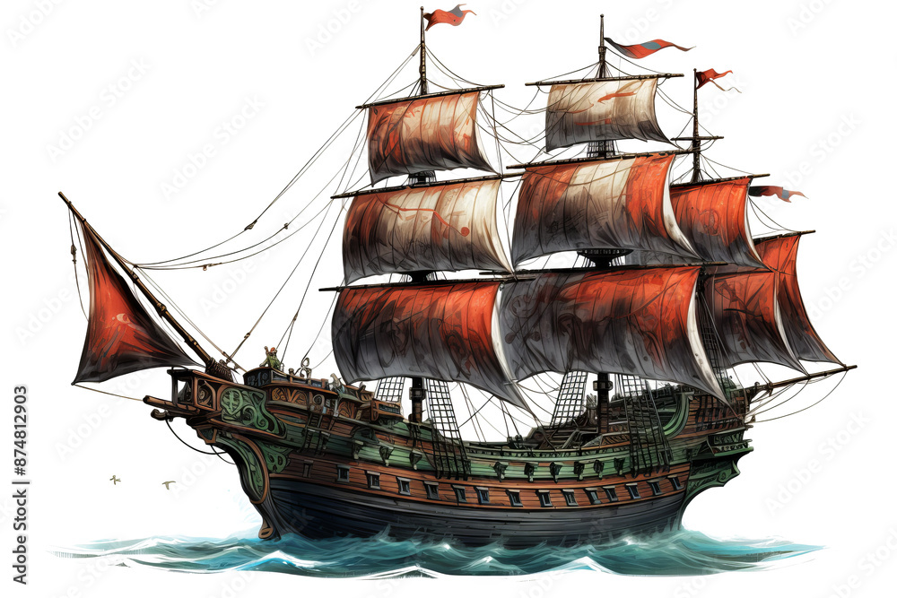 Realistic ancient pirate ship illustration in PNG format with ...