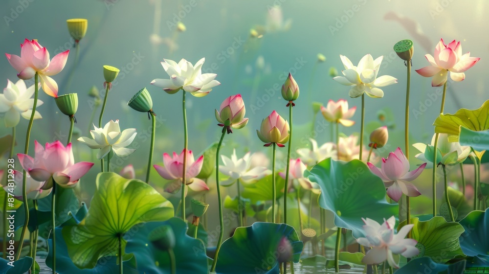 Many different colored lotus flowers and unopened buds. The lotus ...