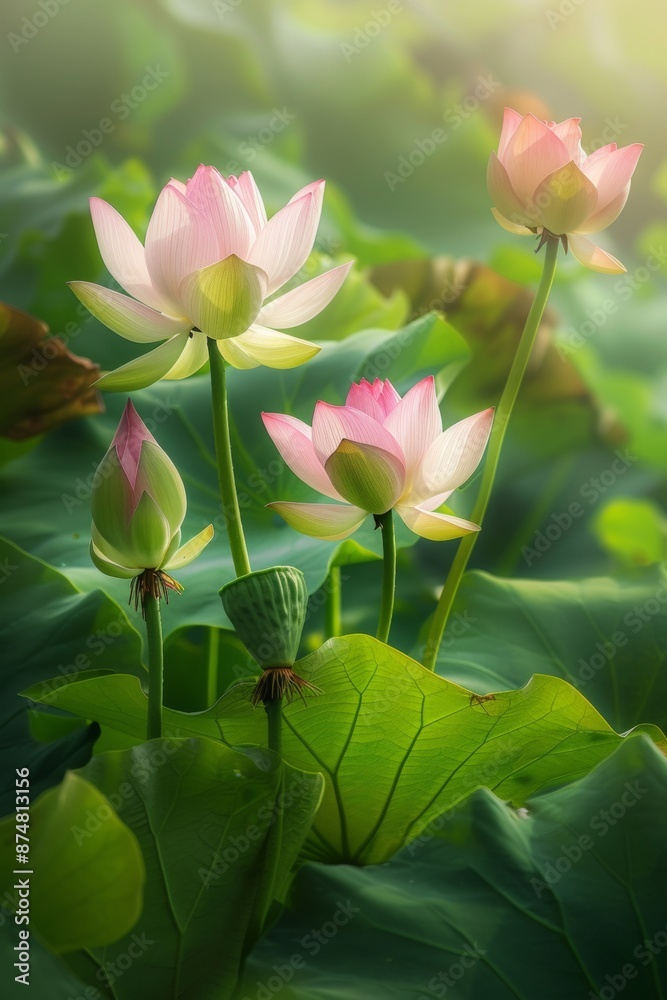Many different colored lotus flowers and unopened buds. The lotus ...