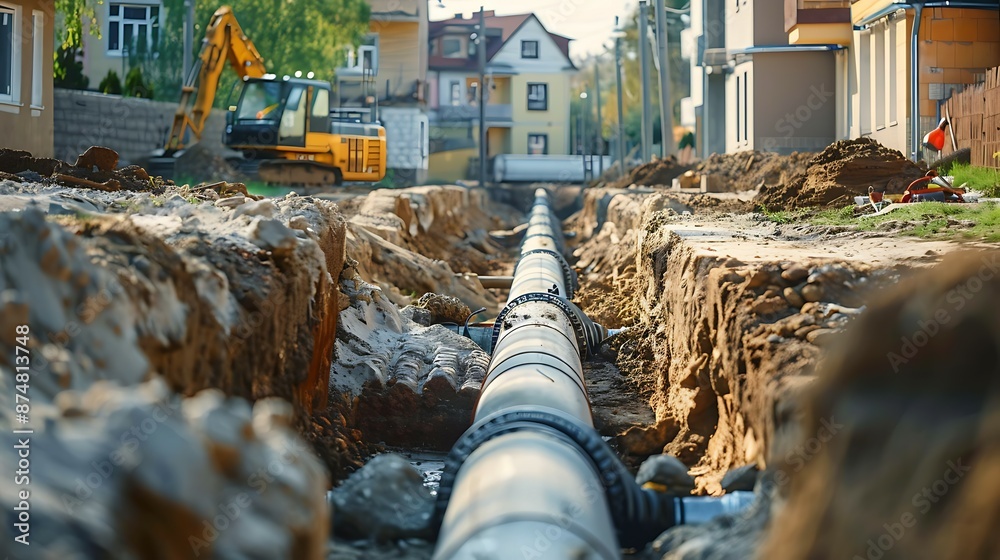 Installation of a sewage pipes in the street by public works Stock ...