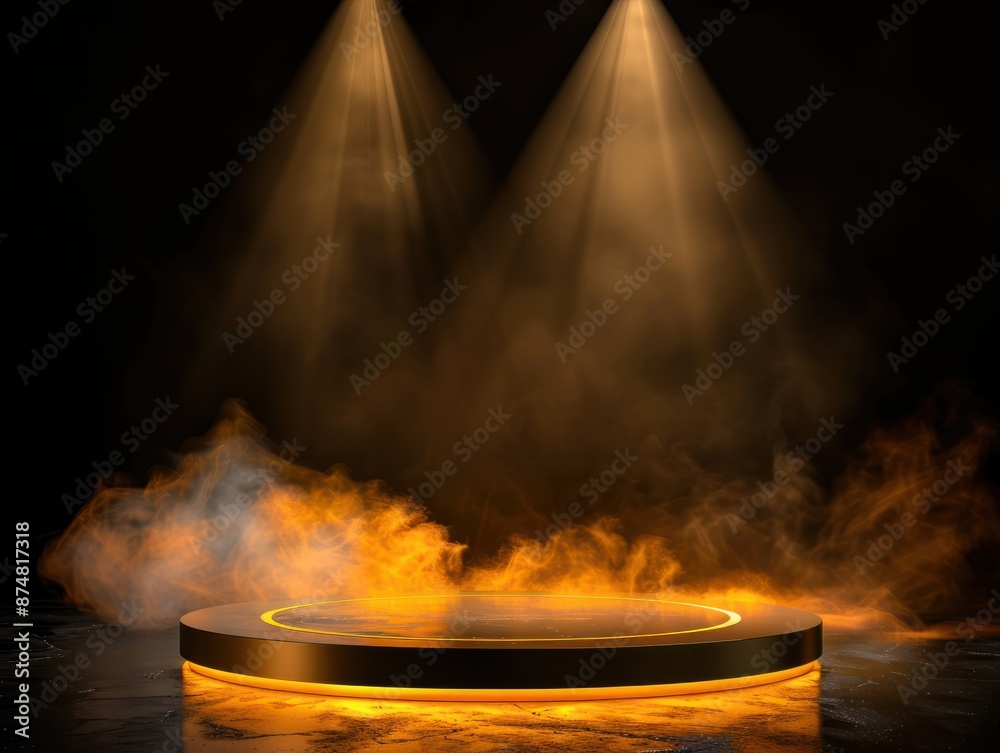 Free stage with lights and smoke, Empty stage with gold yellow ...