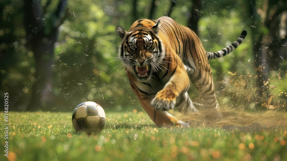 Action photograph of a tiger playing soccer, fiercely chasing a soccer ...