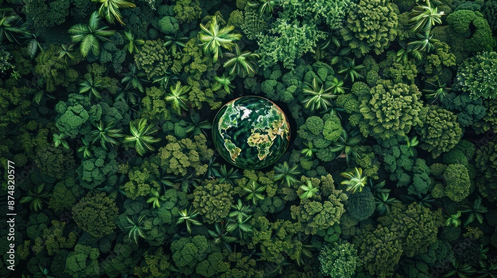 Aerial top view of green forest tree and global globe, Tropical rain ...