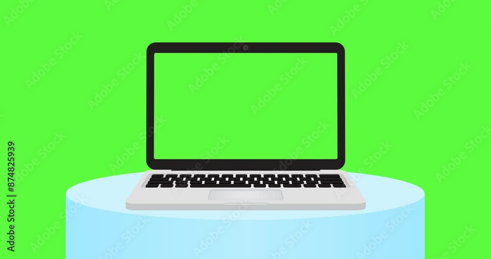 Laptop with chroma key display on round platform. 3d Laptop with green ...