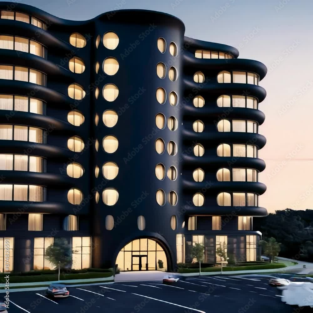 a 9-story apartment building with a modern, wavy architectural design ...