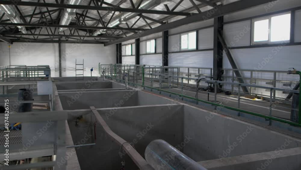 Liquid tanks with concrete partitions in well-lit workshop with windows ...