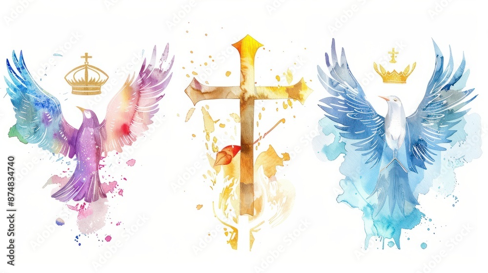Holy Trinity symbols. Cross, crown and dove of Holy Spirit. Watercolor ...