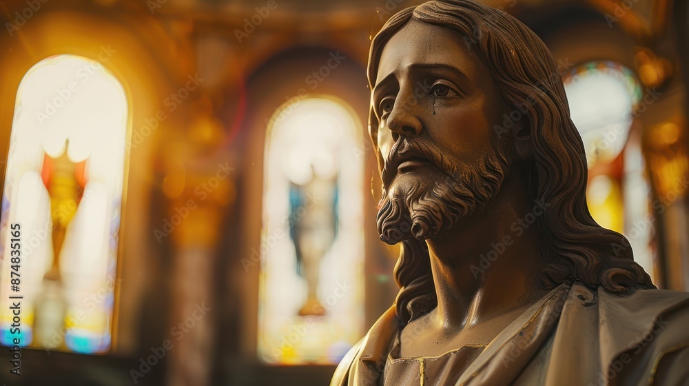 Jesus Christ. Statue of Jesus in a church, stained glass in background ...