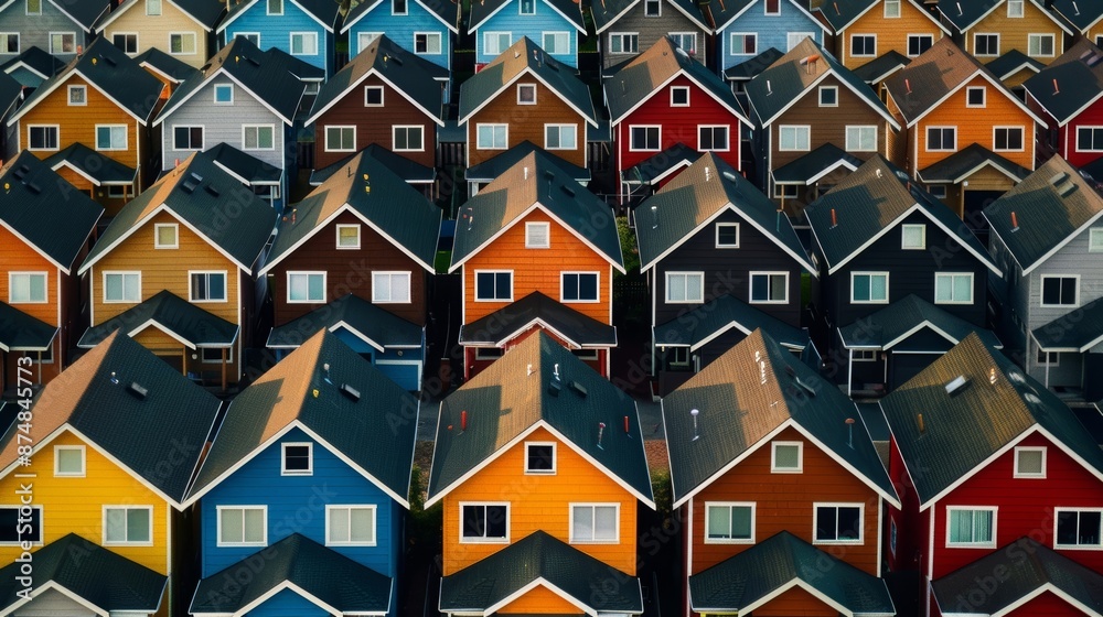 Row after row of identical houses but with mismatched colors and skewed ...