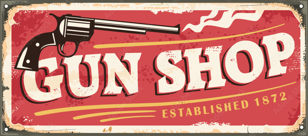 Antique gun shop sign with old revolver graphic. Firearms store retro ...