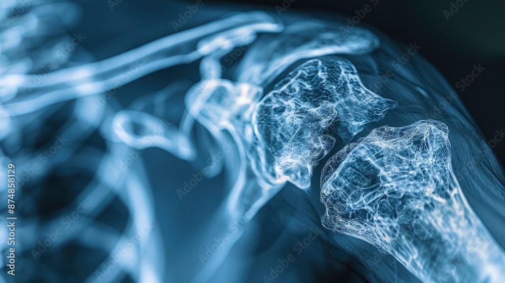 X-ray of a shoulder joint, showing the humerus, scapula, and clavicle ...