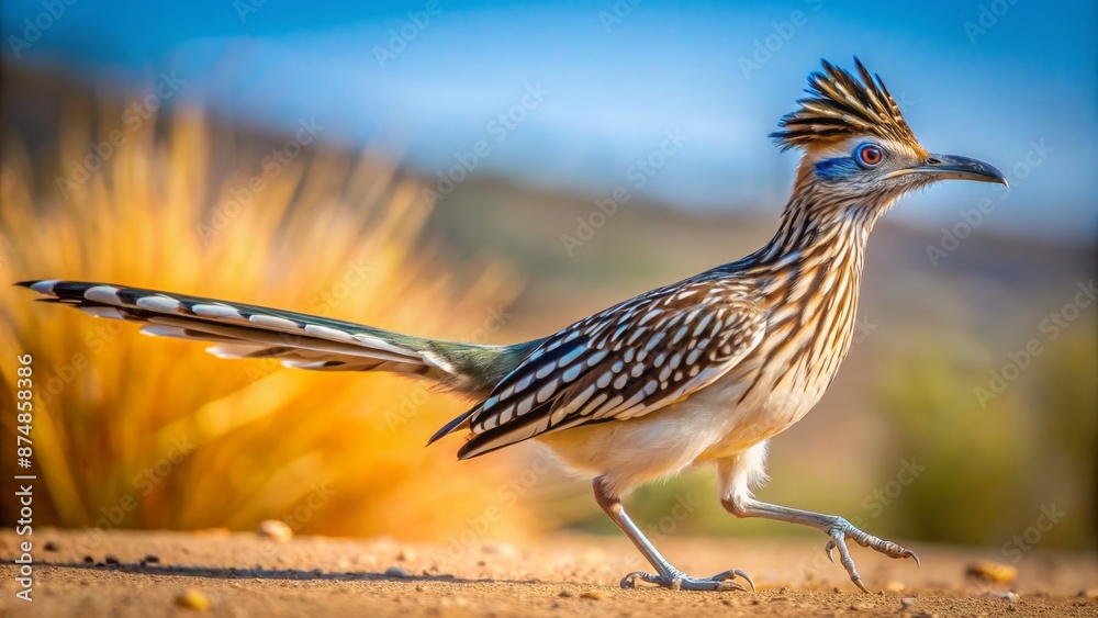 Fast-moving Greater Roadrunner bird with distinctive crest and tail ...