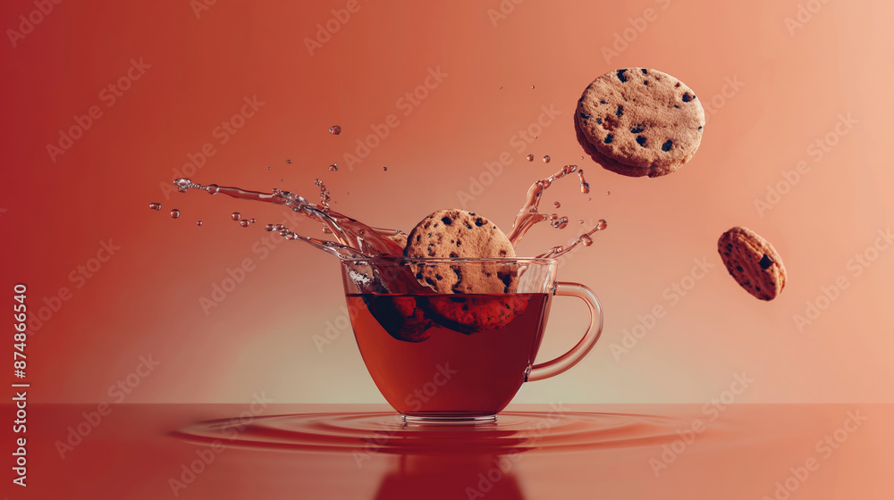 A creative combination of a clear glass tea cup and tea cookies, flying ...