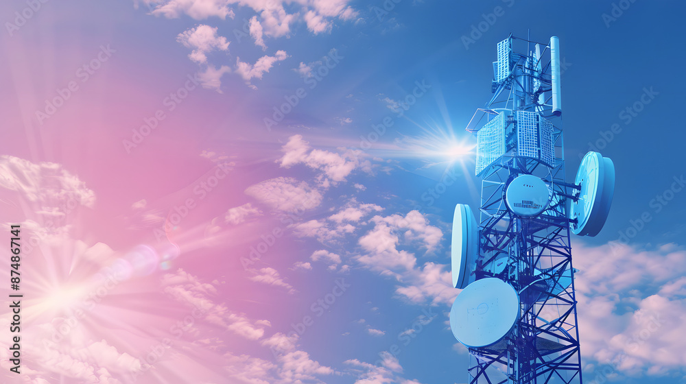 antenna tower as phone base station with radio waves on sky background, illustration concept ...