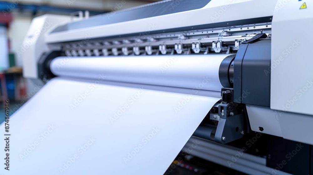 Professional Large Format Printer Printing a White Banner in a Modern ...