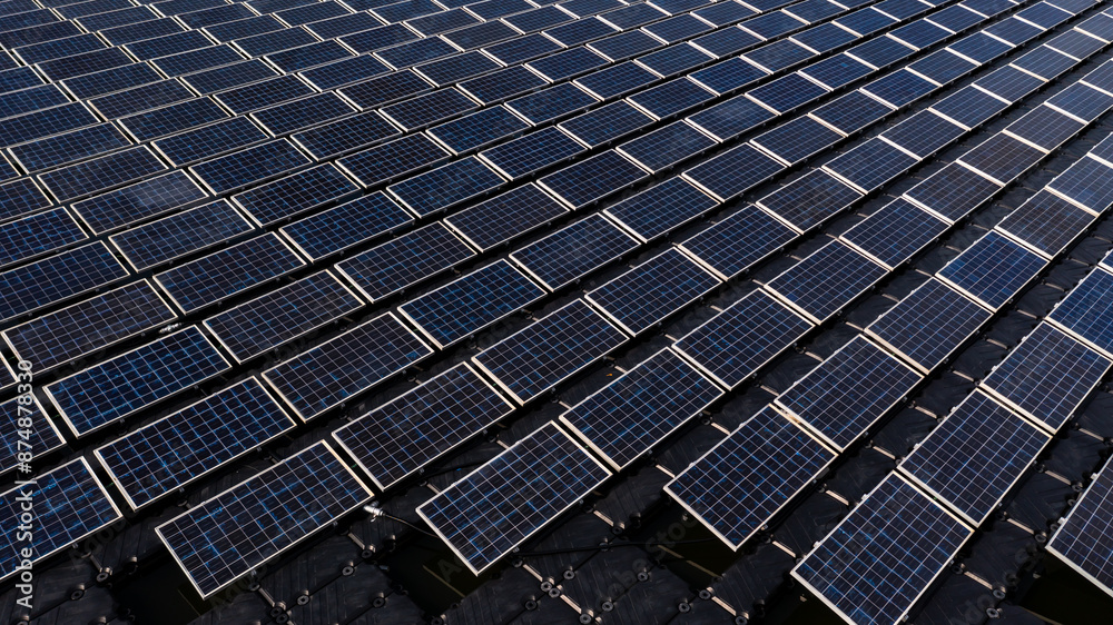 Aerial view solar cell panels farm power plant on water, Solar cell ...
